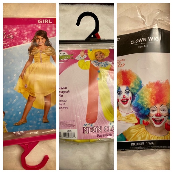 Disney | Costumes | 3 Costumes Included Princess Belle Dress Clown Wig ...